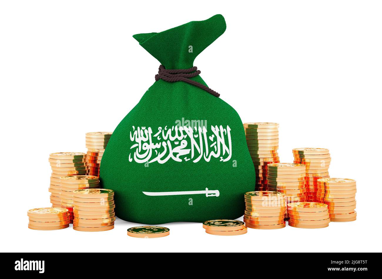 Money bag with Saudi Arabian flag and golden coins around, 3D rendering ...