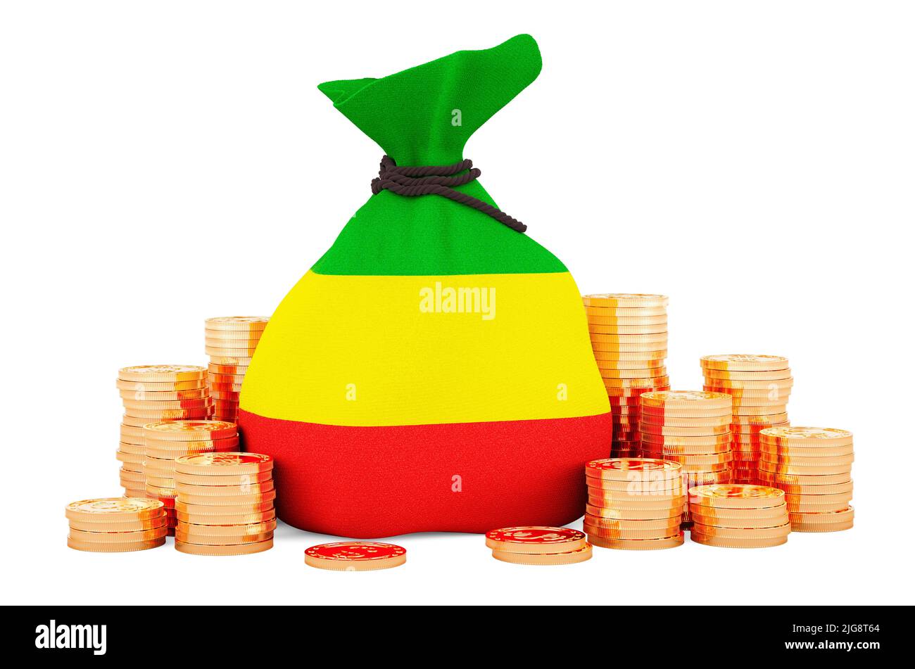 Money bag with Rastafarian flag and golden coins around, 3D rendering ...