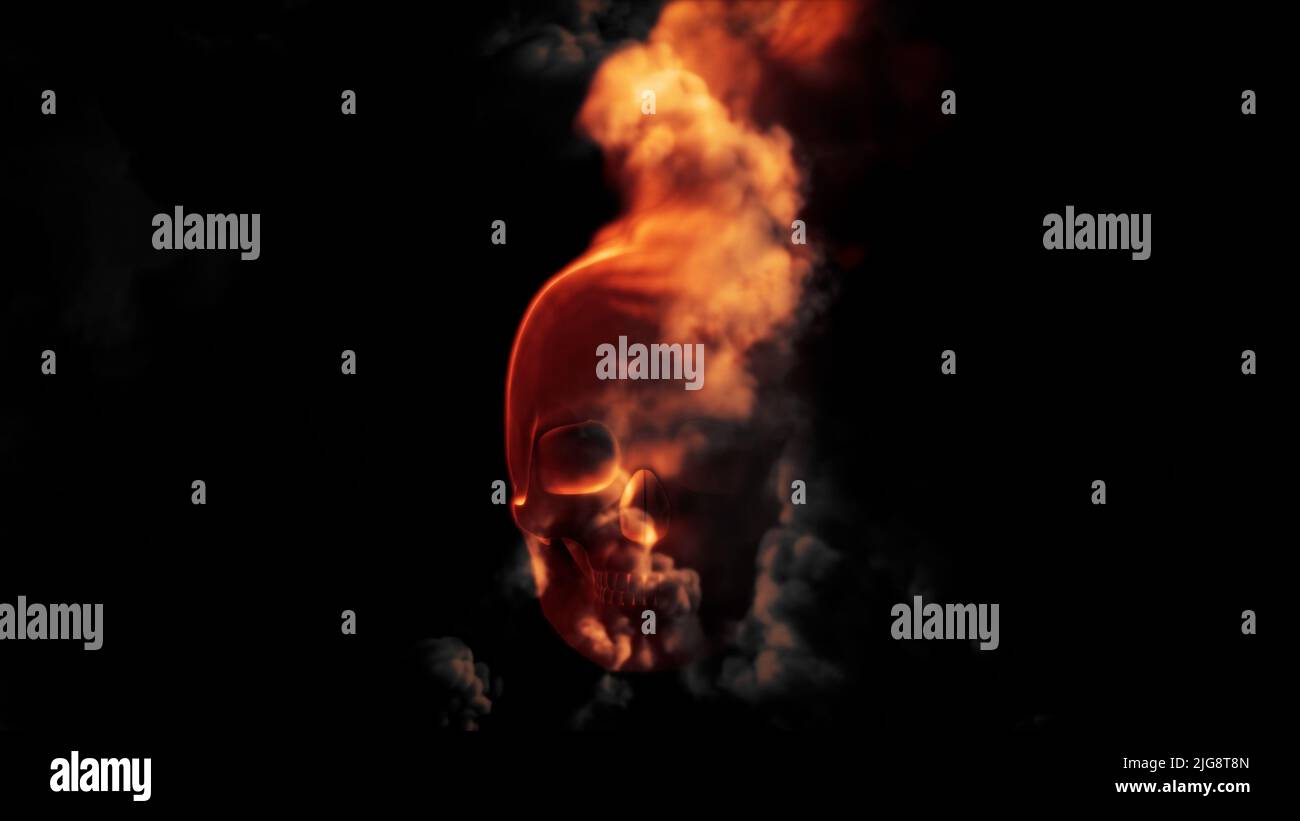 Burning horror of war concept - human skull with fire dark bg ...