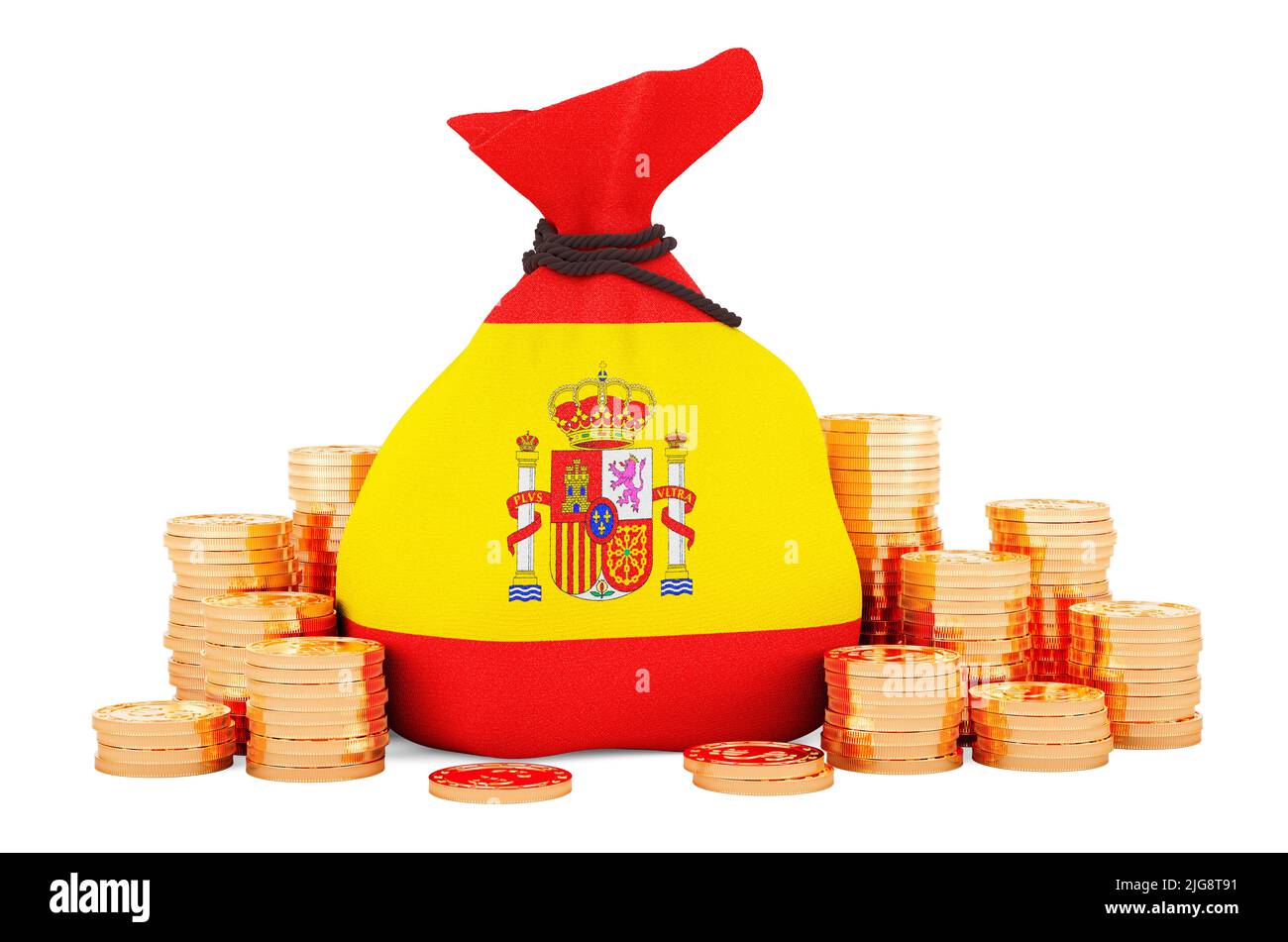 Money bag with Spanish flag and golden coins around, 3D rendering ...