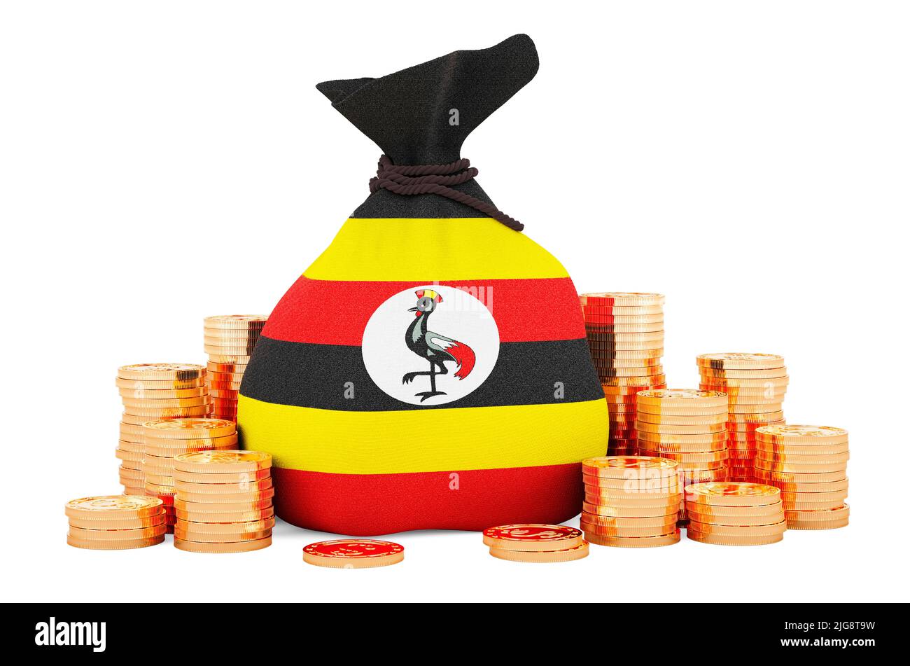 Money bag with Ugandan flag and golden coins around, 3D rendering ...