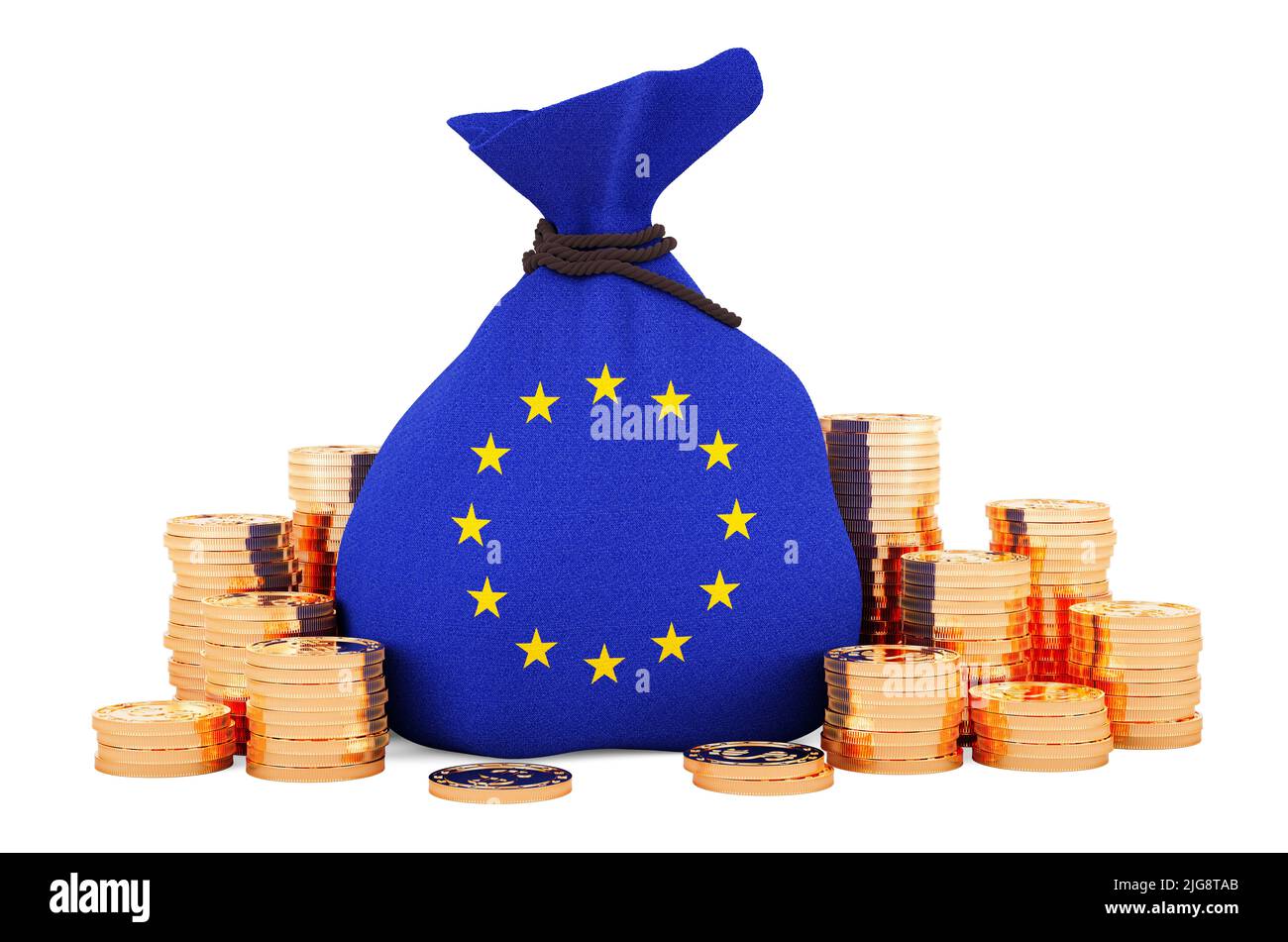 Money bag with the EU flag and golden coins around, 3D rendering ...