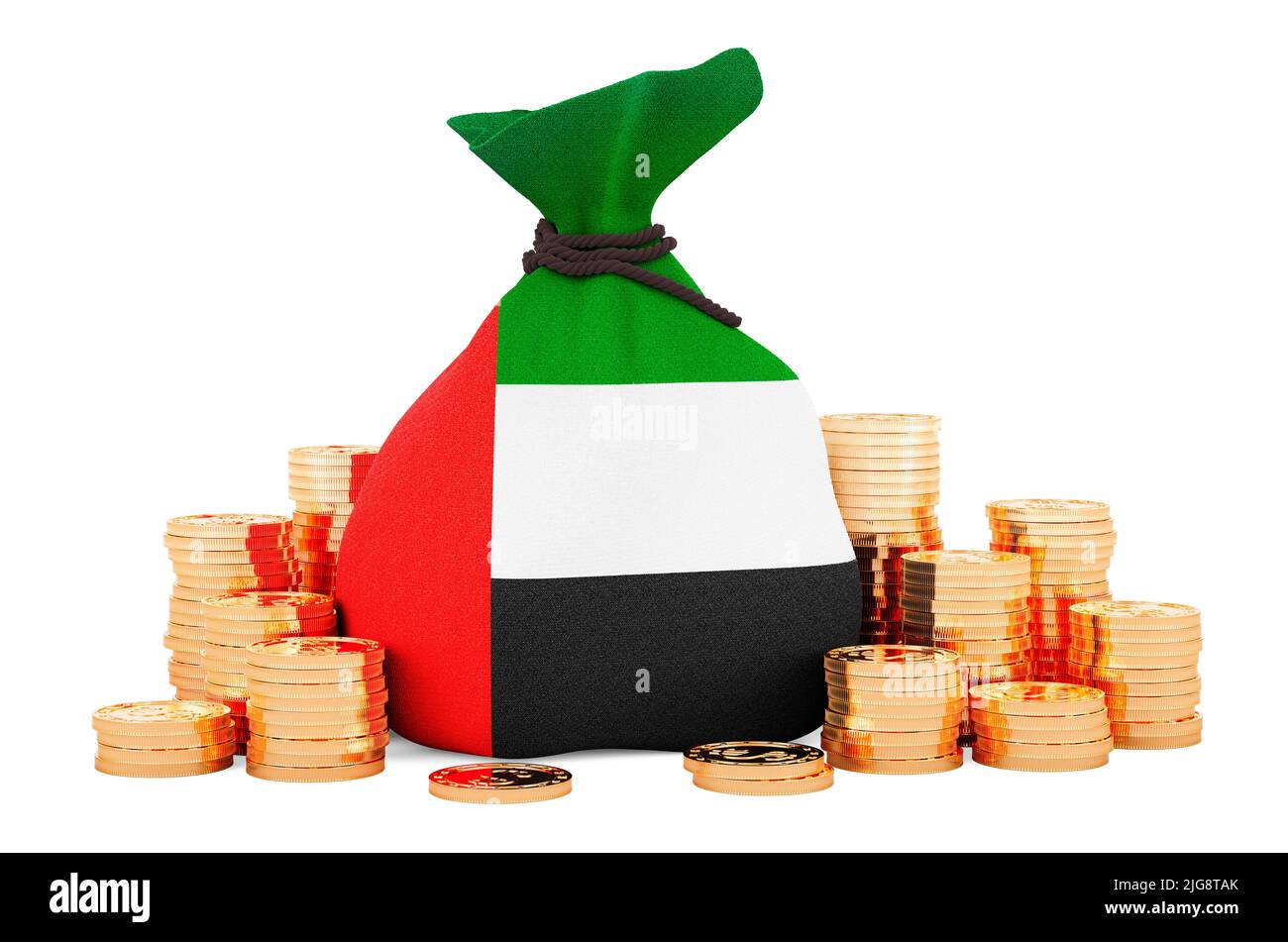 Money bag with the United Arab Emirates flag and golden coins around ...
