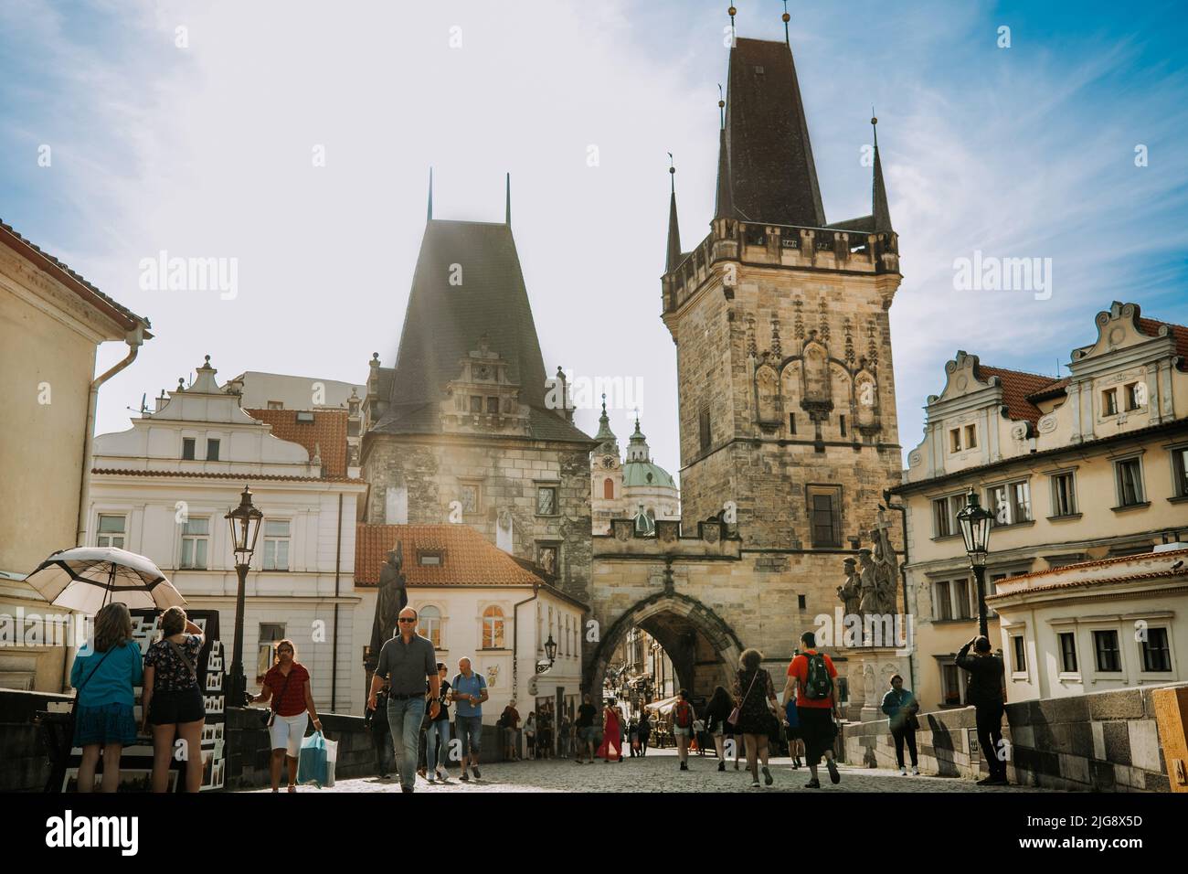 Prague, Czech Republic - July 2022. People tourists are walking on ...