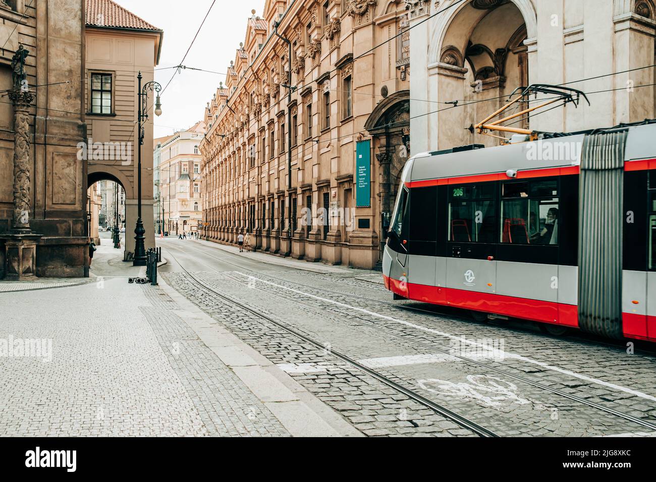 Prague, Czech Republic - July 2022. Modern tram on beautiful cozy ...