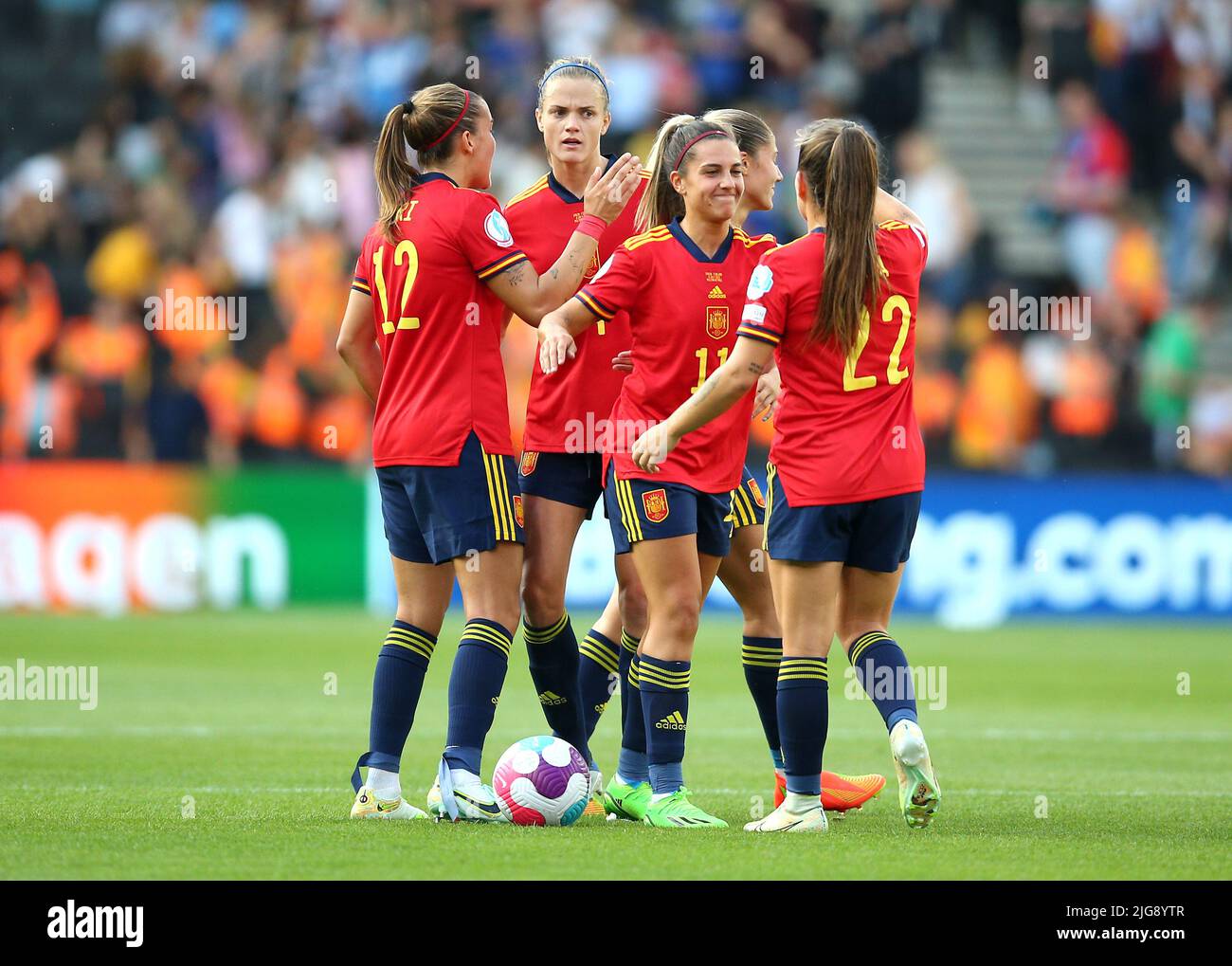 Spain players celebrate victory after the final whistle in the UEFA Women's Euro 2022 Group B ...