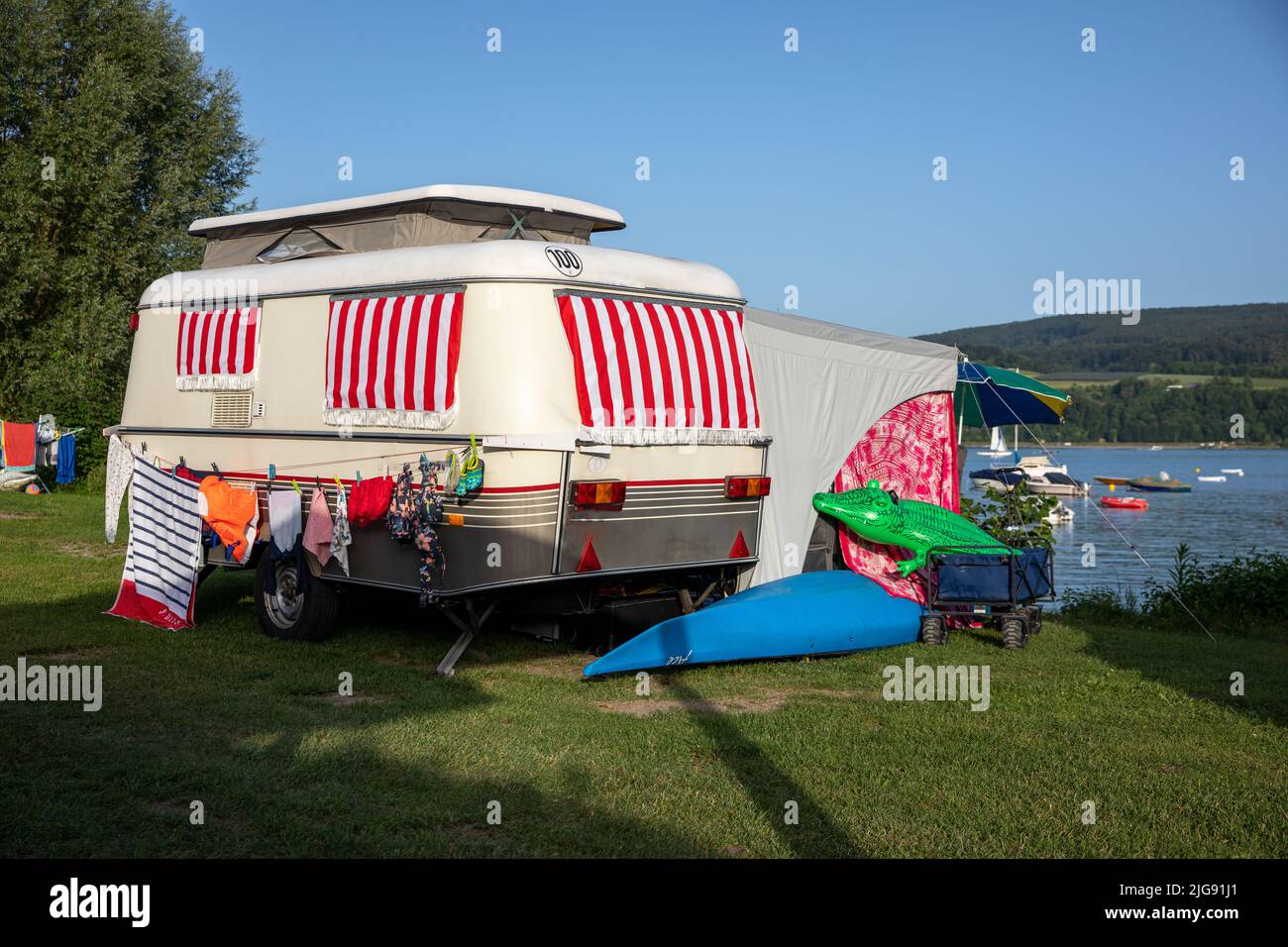 Stylish Old Eriba - Caravan With Red And White Striped Curtains And ...