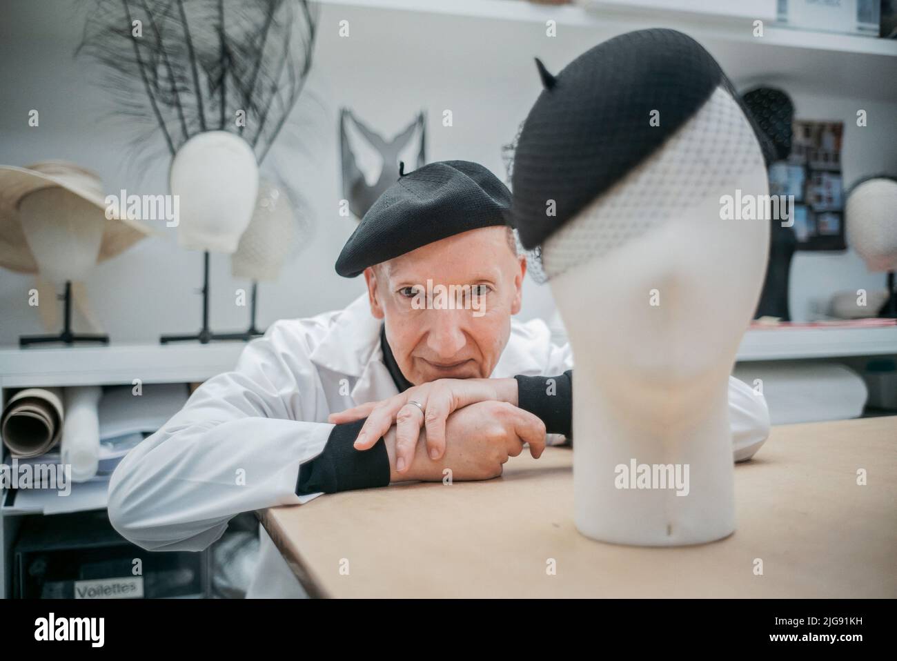 Hatter Stephen Jones in his haute couture hat workshop at Dior, in ...
