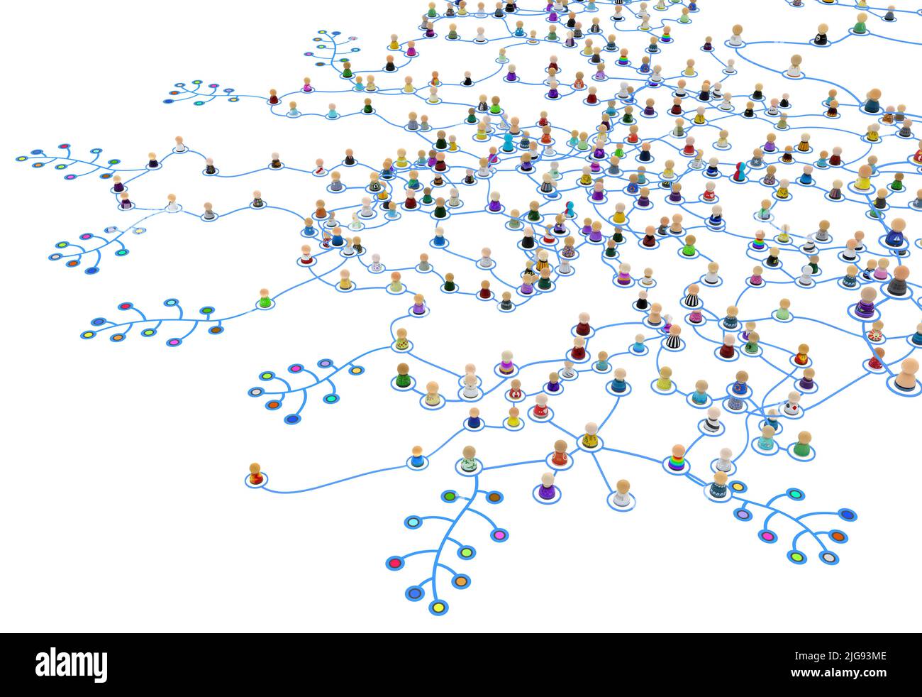 Crowd of small symbolic 3d figures linked by lines, complex layered ...