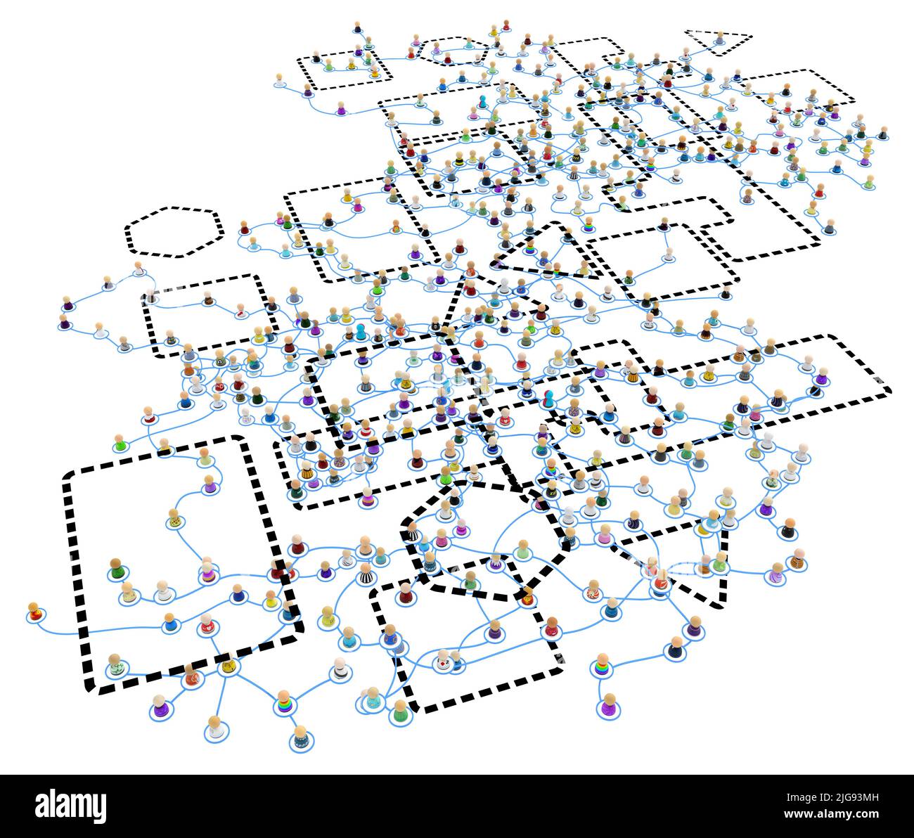 Crowd of small symbolic 3d figures linked by lines, complex layered ...