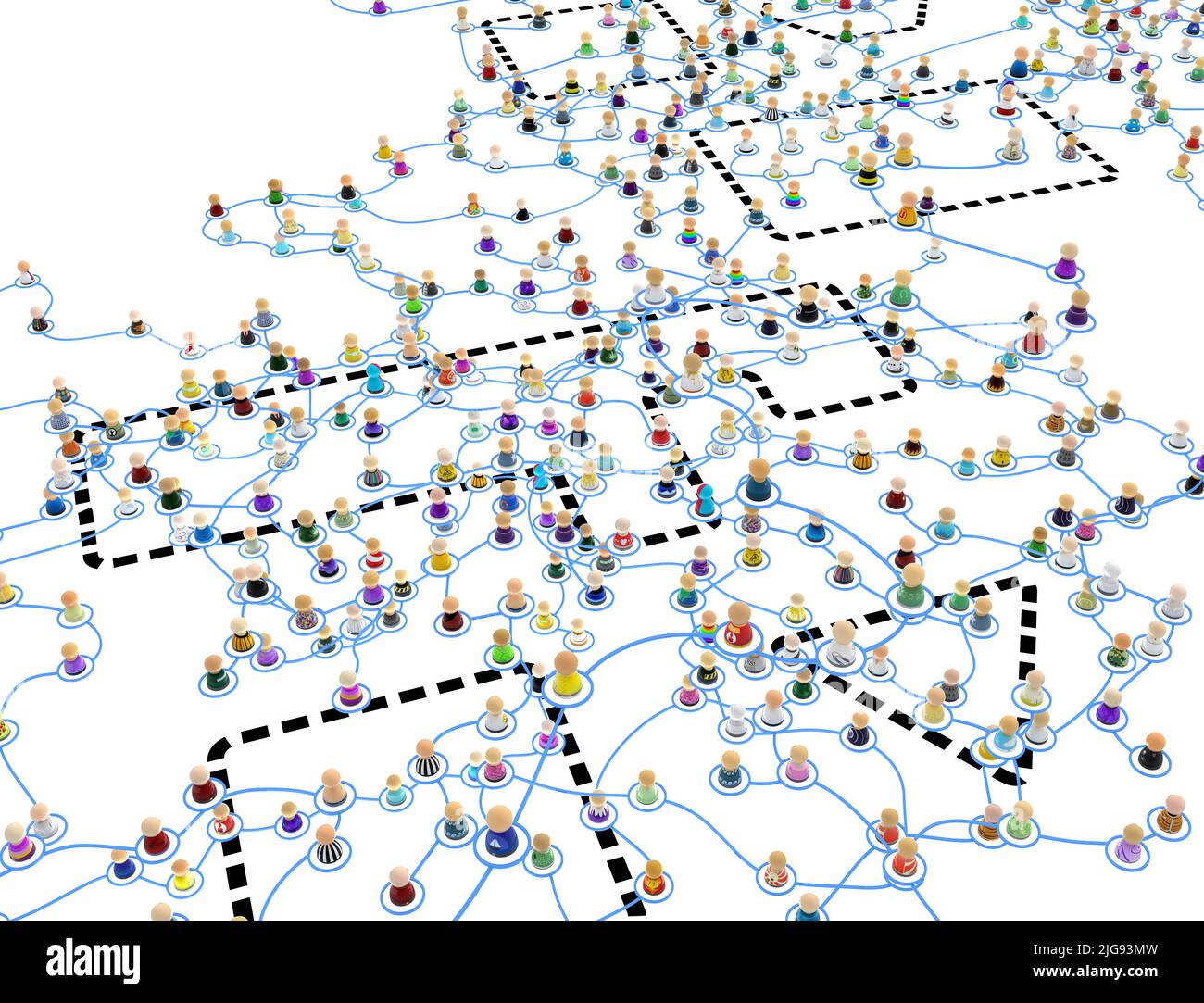 Crowd of small symbolic 3d figures linked by lines, complex layered ...