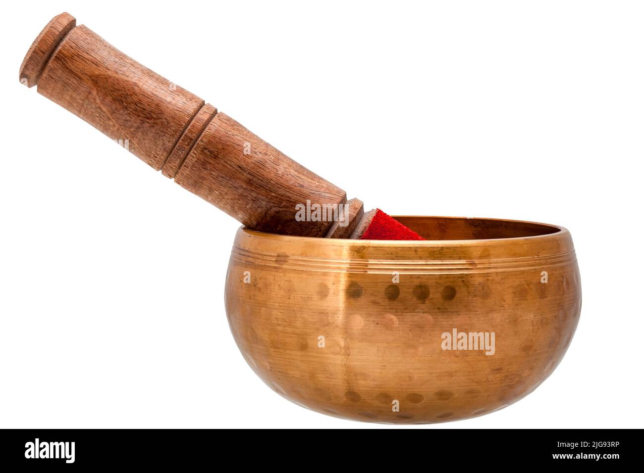 Golden singing bowl from copper and wooden mallet, objects for buddhism ...
