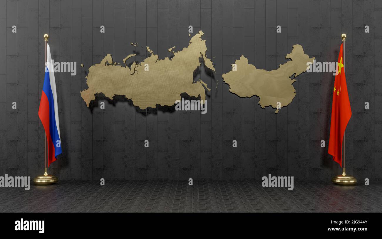 Russia and China, Flag of Russia and China on wall with Russia map and ...