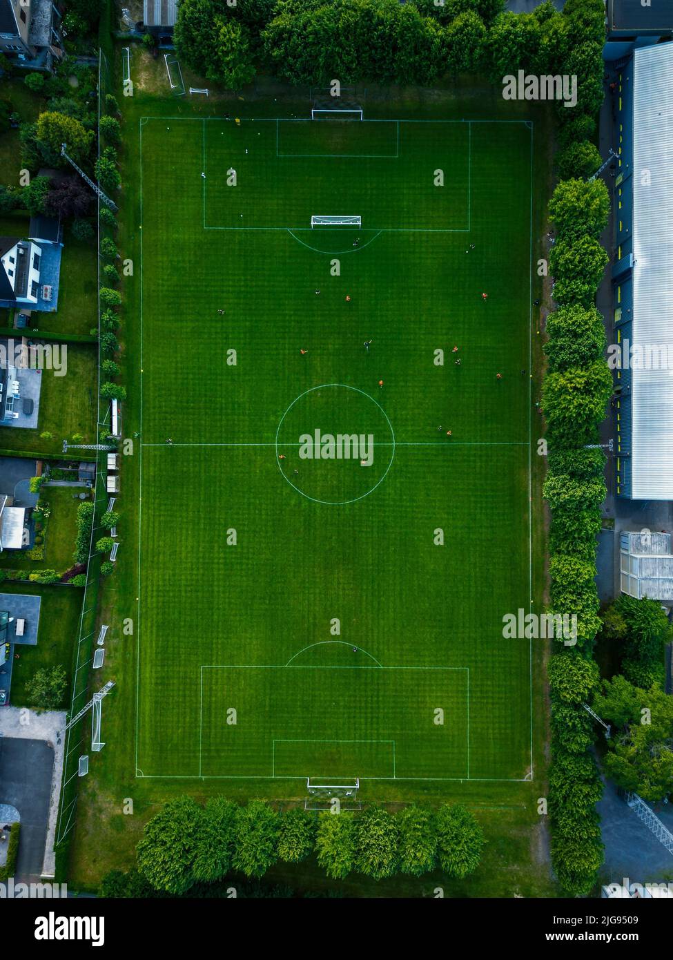 An aerial view of football field in the area Ename, Oudenaarde, Belgium ...