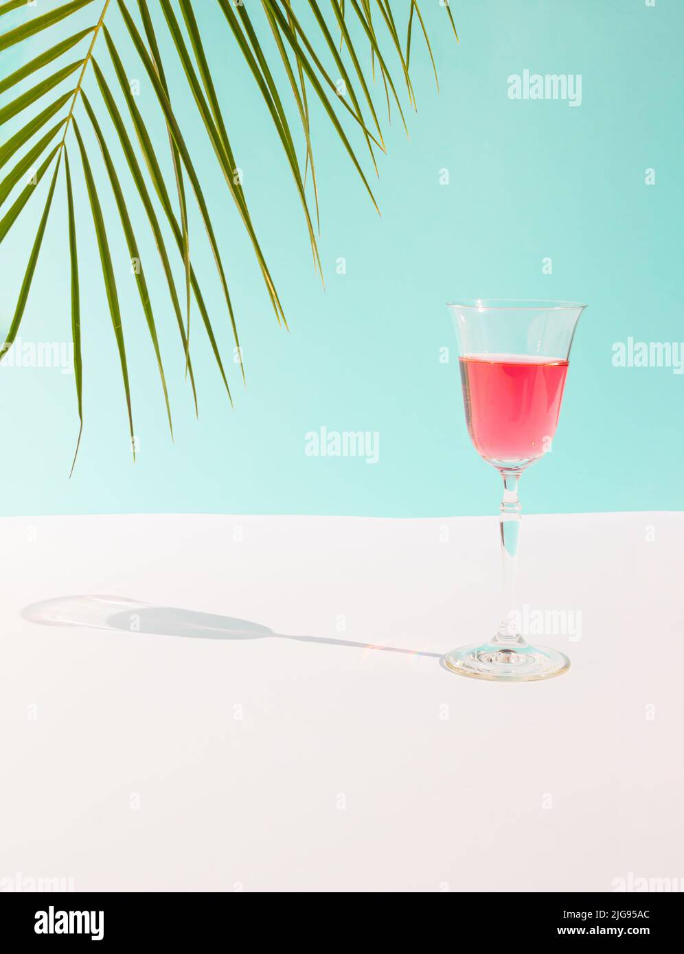 Summer composition with glass of red juice and palm leaf. Minimal drink ...