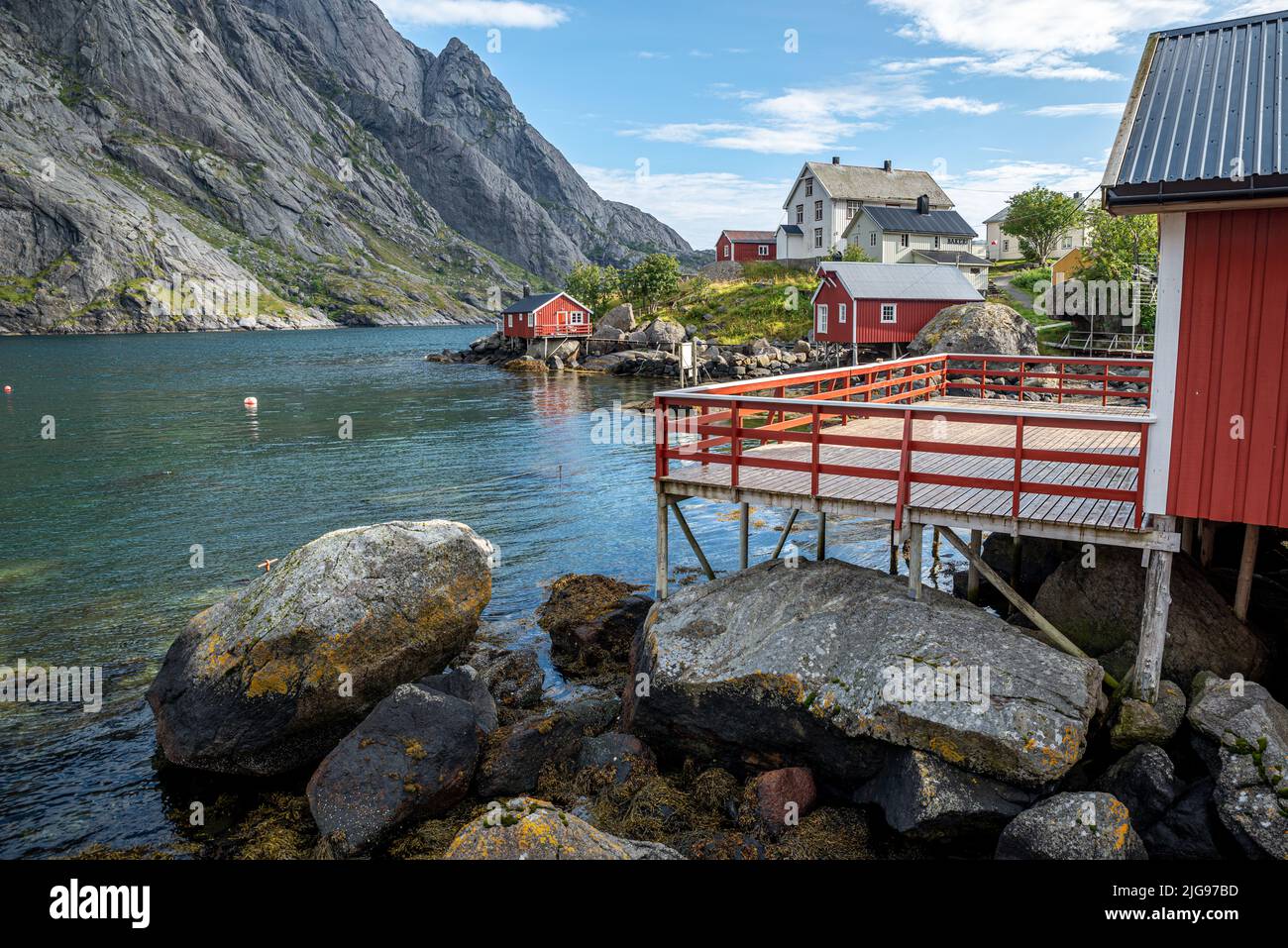 Red fishermen's huts rorbu, Nusfjord village, Lofoten Islands, Norway ...