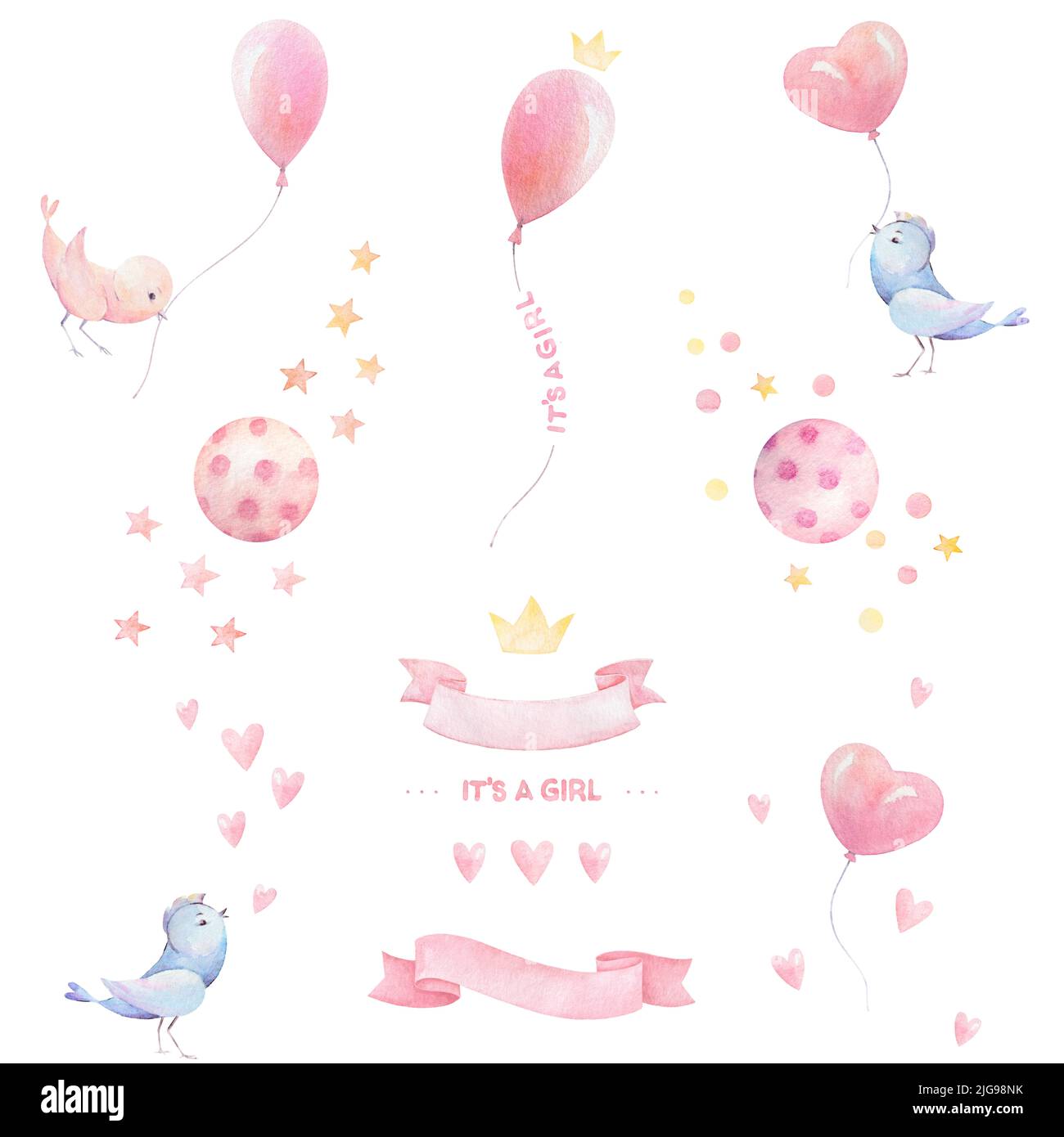 Baby shower girl watercolor clipart. Birds, balloons, hearts, ribbon ...