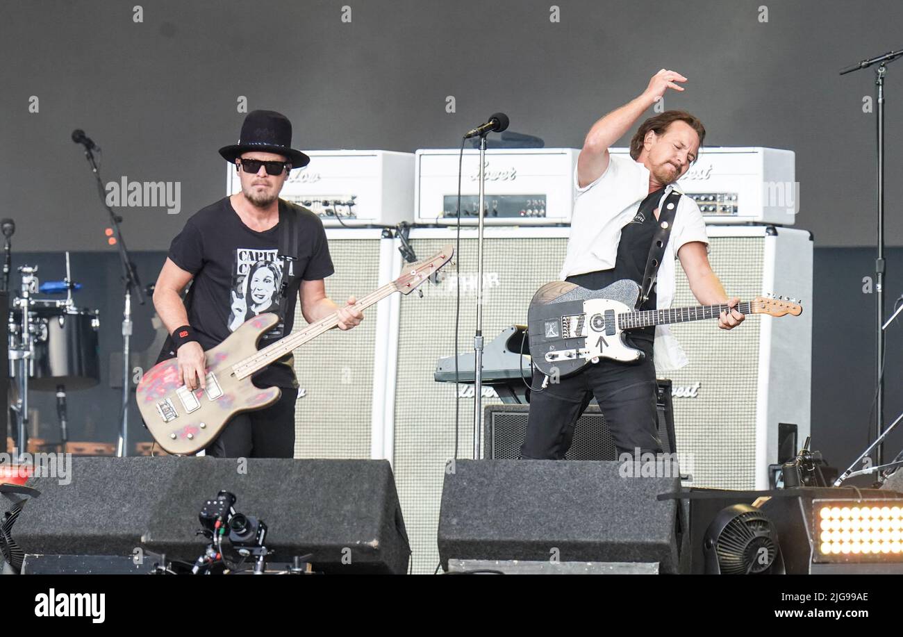 Pearl Jam performing on stage during the British Summer Time festival ...