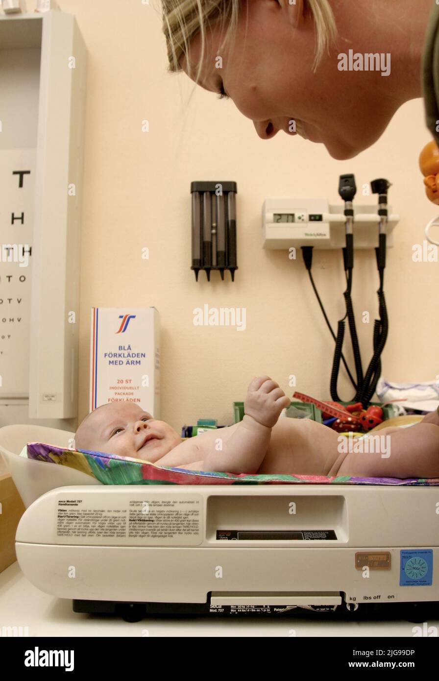 An infant to be measured and weighed at a child health care centre (In ...