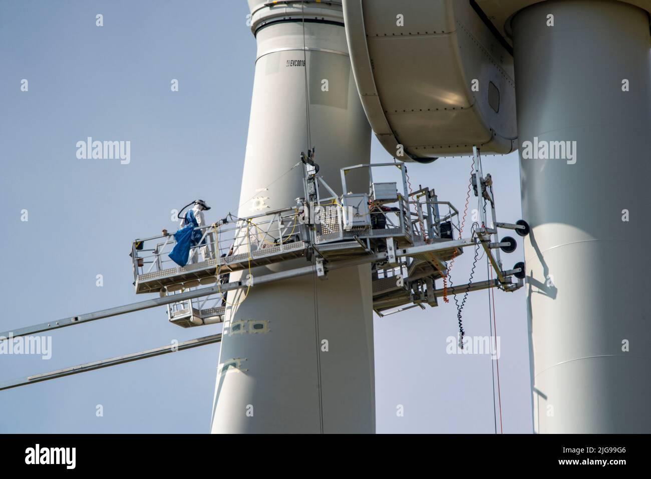 Maintenance work, repairs on a rotor of an Enercon wind turbine, in a ...