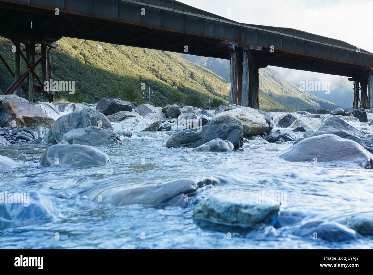 Silhouette of structure of railway bridge across Bealey River at ...