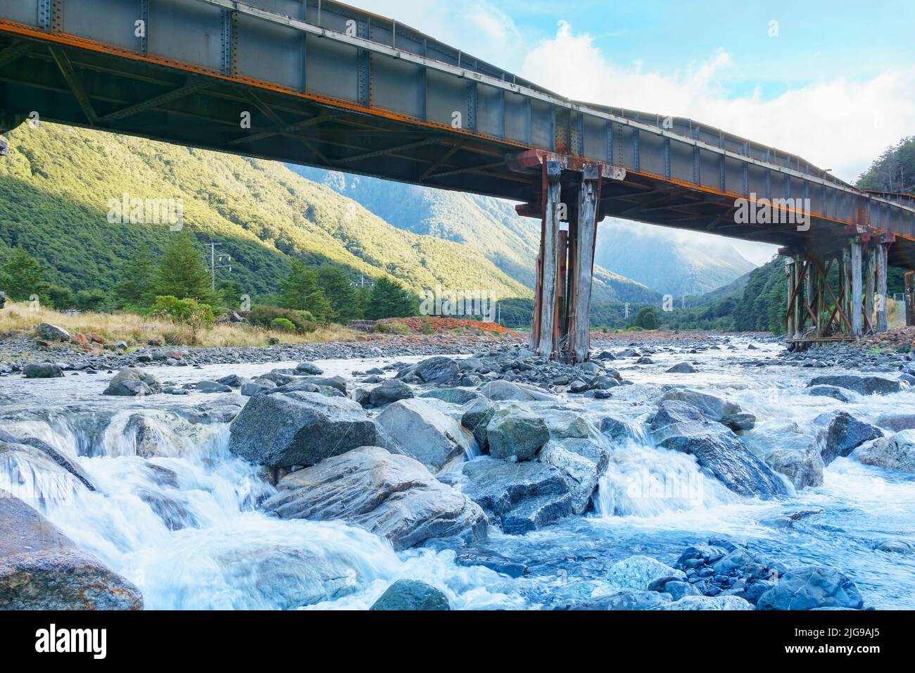 Silhouette of structure of railway bridge across Bealey River at ...