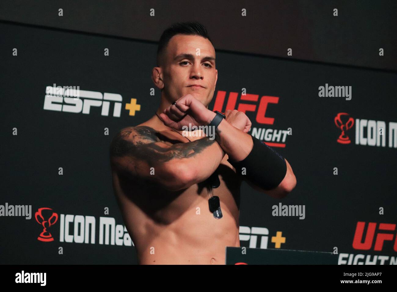 LAS VEGAS, NV - JULY 8: Cody Brundage poses on the scale during the UFC ...