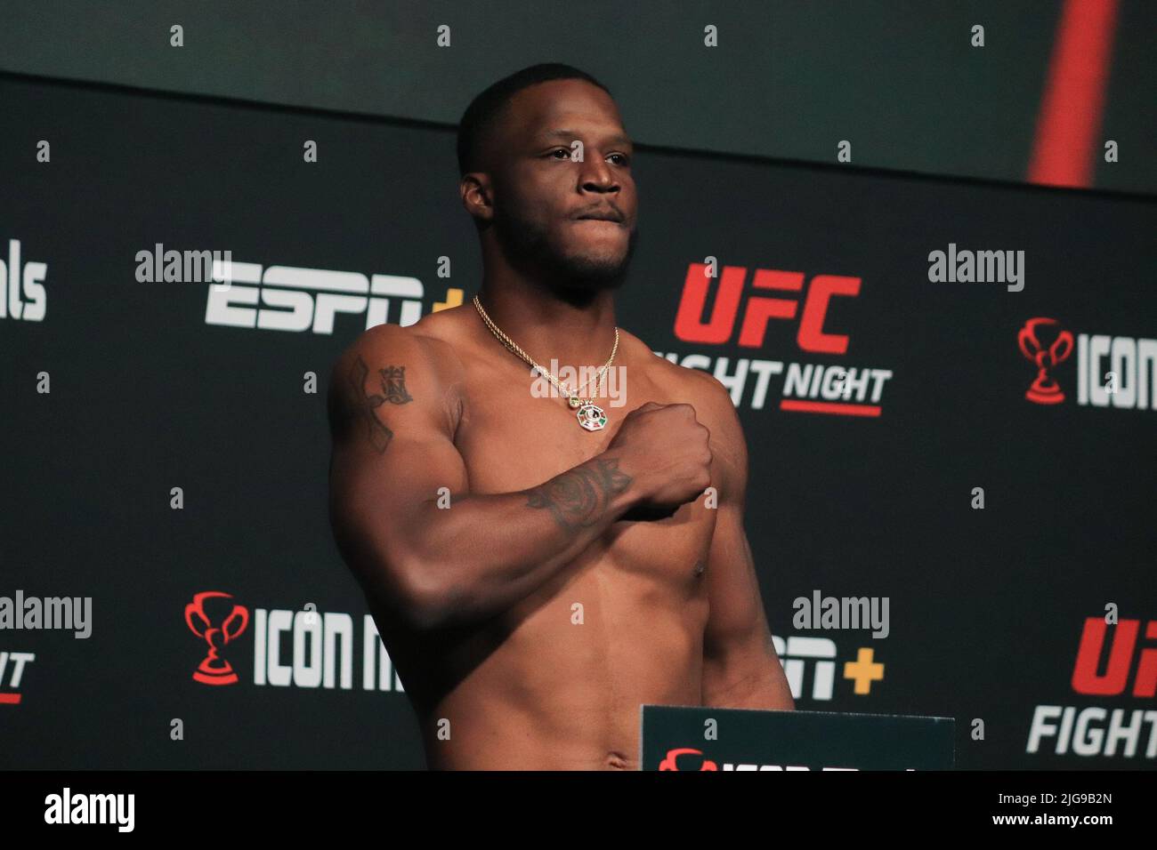 LAS VEGAS, NV - JULY 8: Karl Roberson poses on the scale during the UFC ...