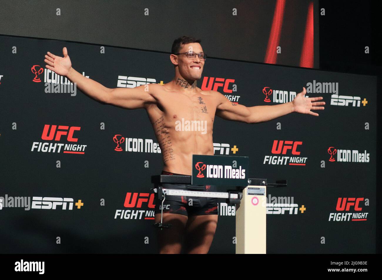 LAS VEGAS, NV - JULY 8: Caio Borralho poses on the scale during the UFC ...