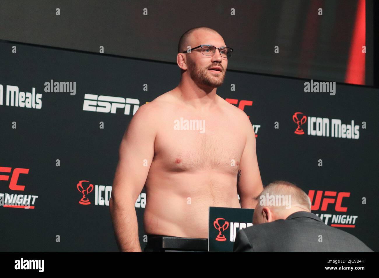 LAS VEGAS, NV - JULY 8: Jared Vanderaa poses on the scale during the ...