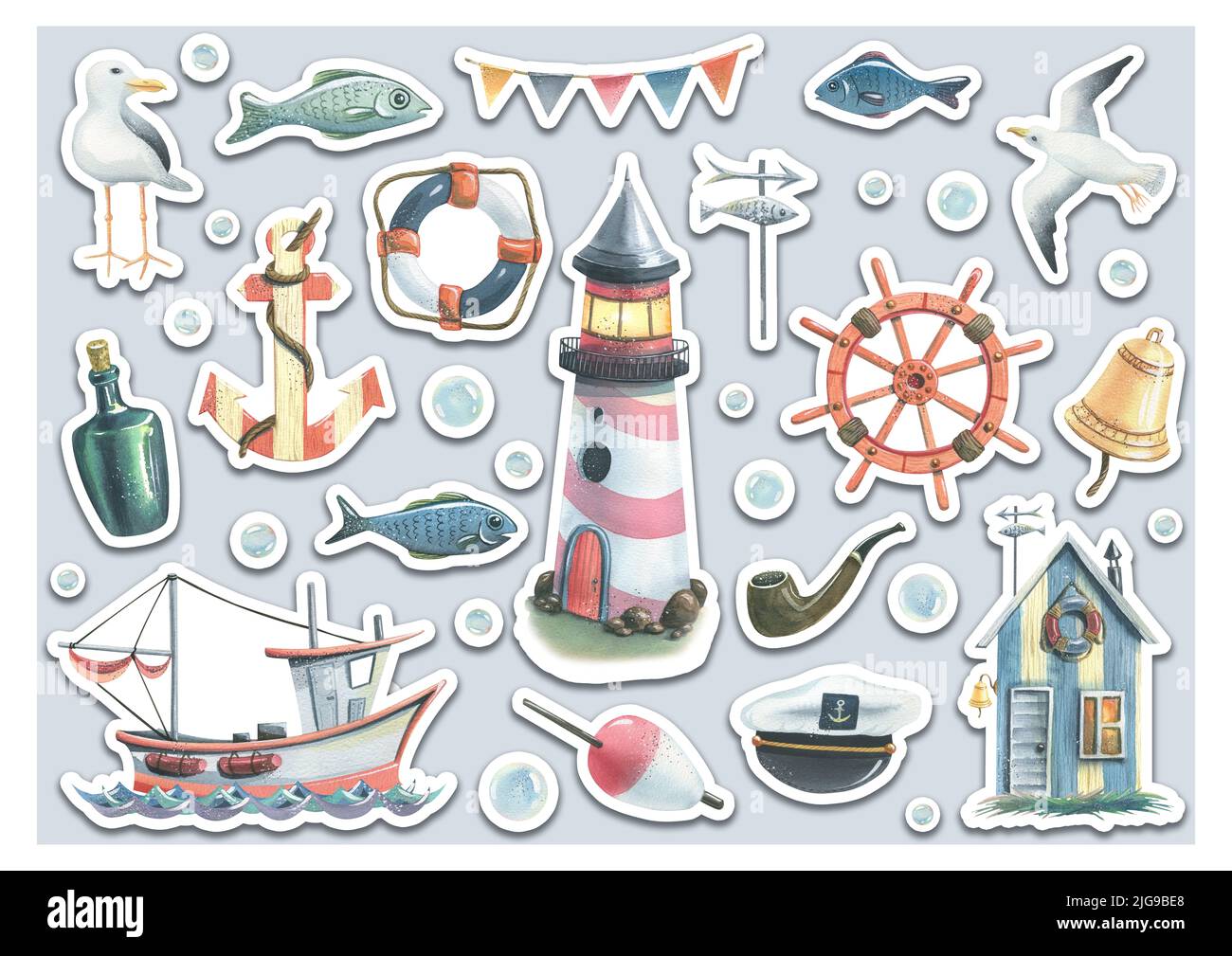 A set of marine theme stickers. With various elements of a boat, a ...