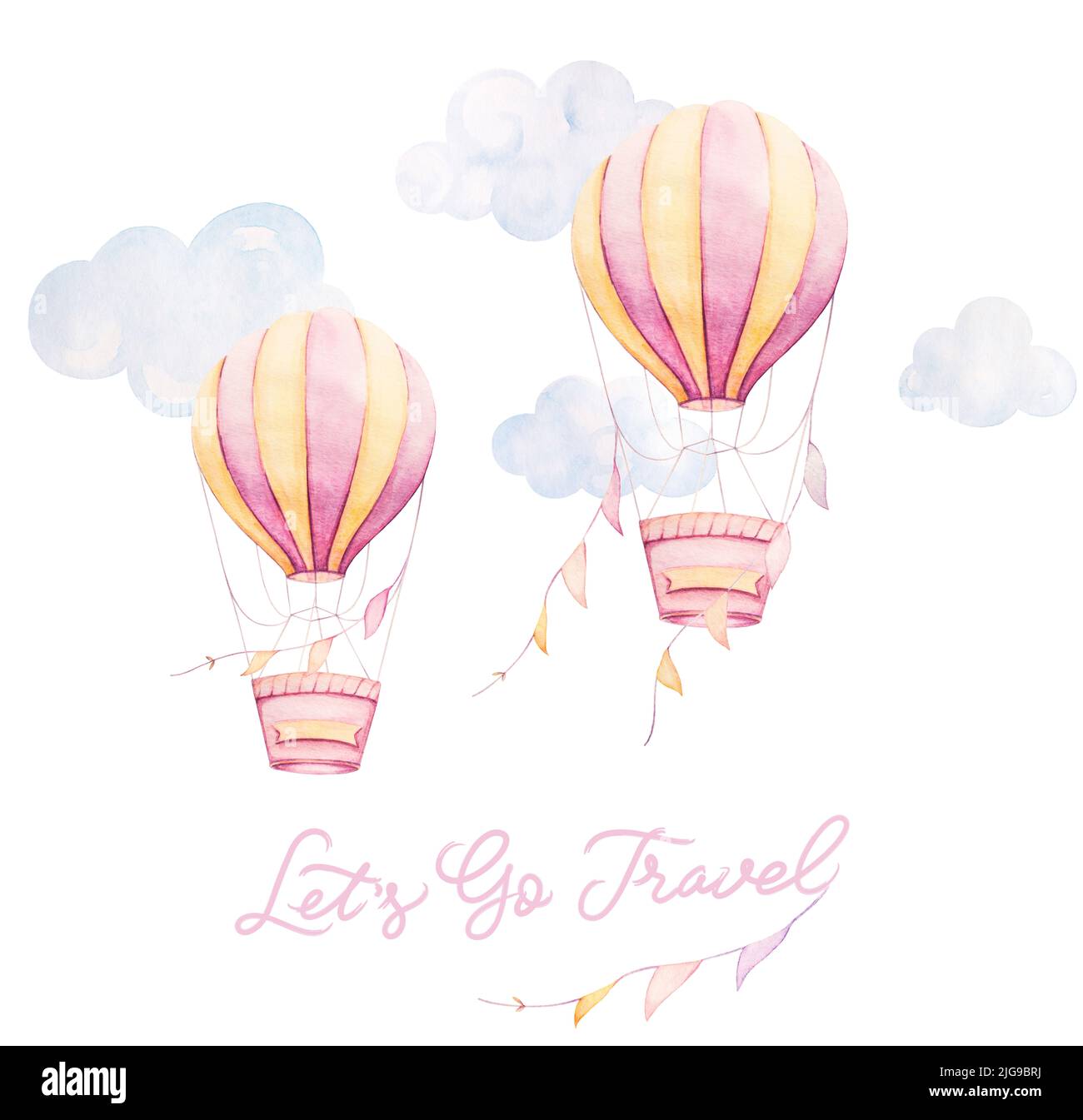 Lets go travel. Colorful Air balloons fly in sky, clouds, ribbons. Kids ...