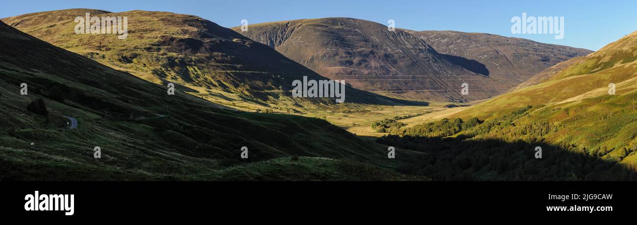 Panoramic view of Glen Roy, Scotland with low sun highlighting the ...