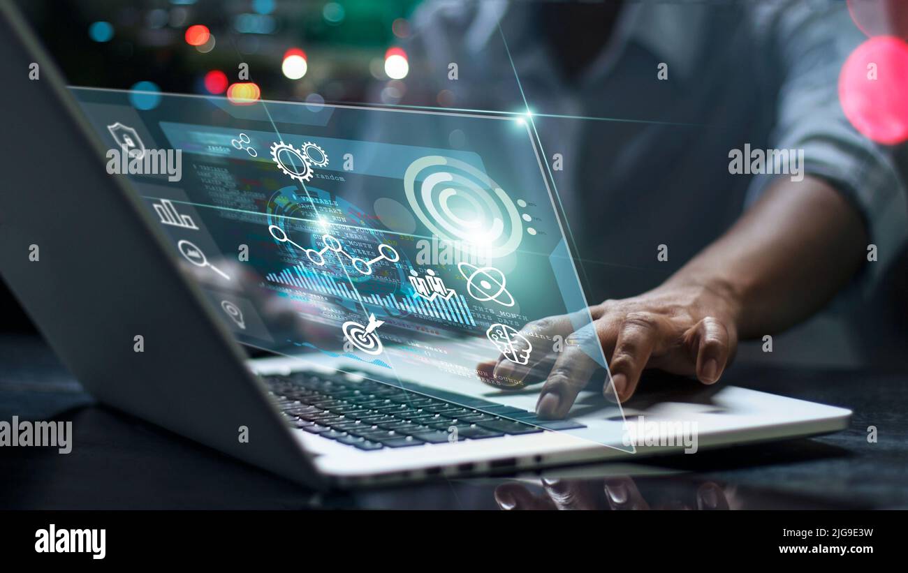 Data scientists using laptop 3D virtual interface screen -marketing and ...