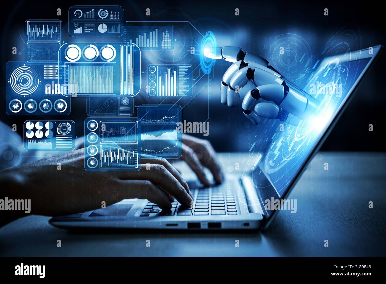 Data scientists using laptop with 3D robot hand coming out of the ...