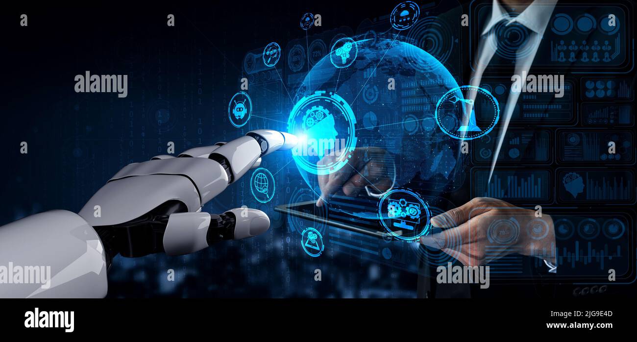 A 3D robot hand touching the virtual interface screen of the tablet on ...