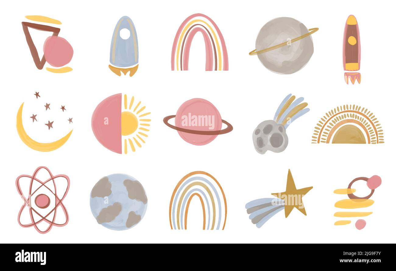 Vector Collection of space objects in boho style. Hand drawn watercolor ...