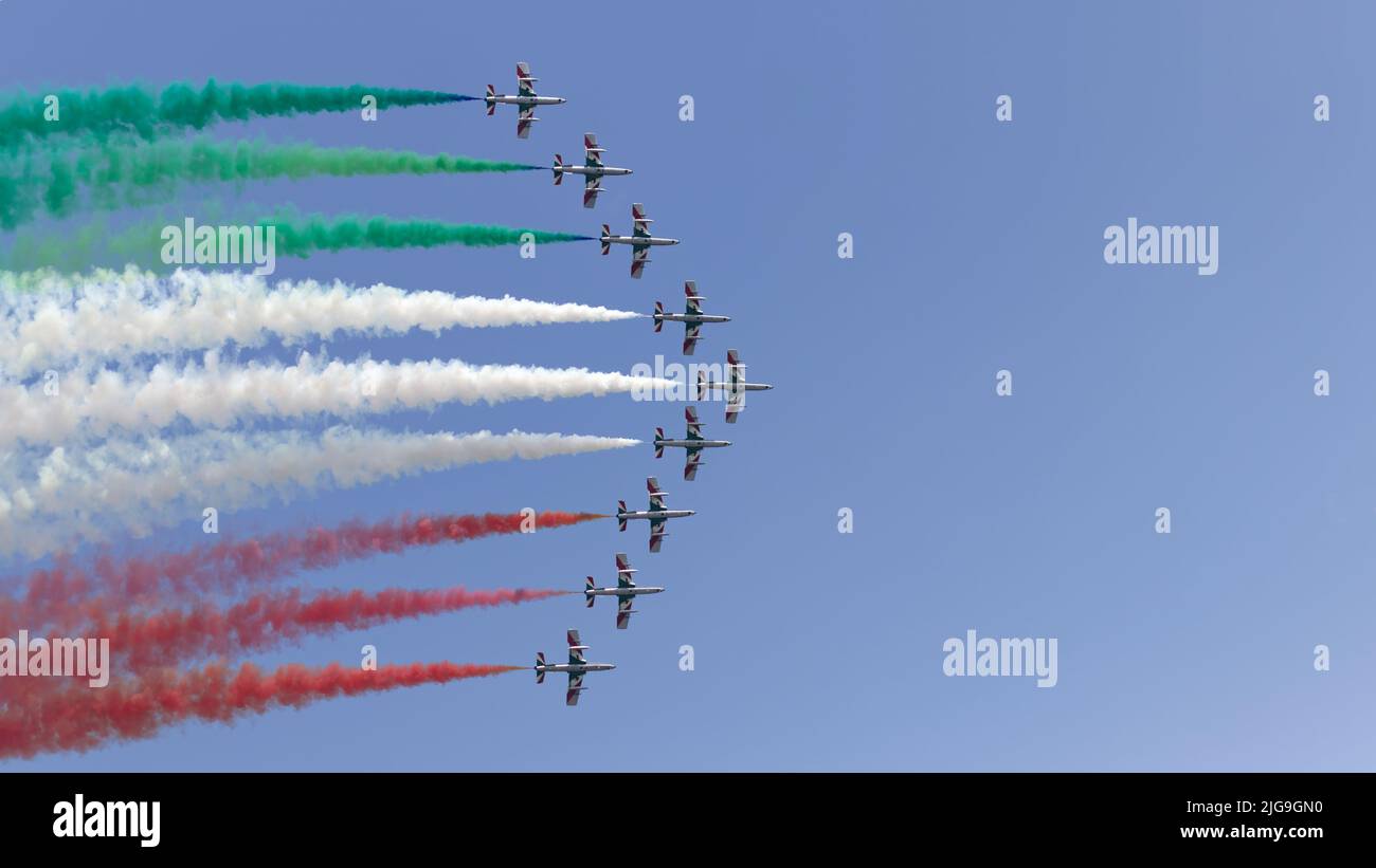 Italian Air Force aerobatic demonstration team Frecce Tricolori flying ...