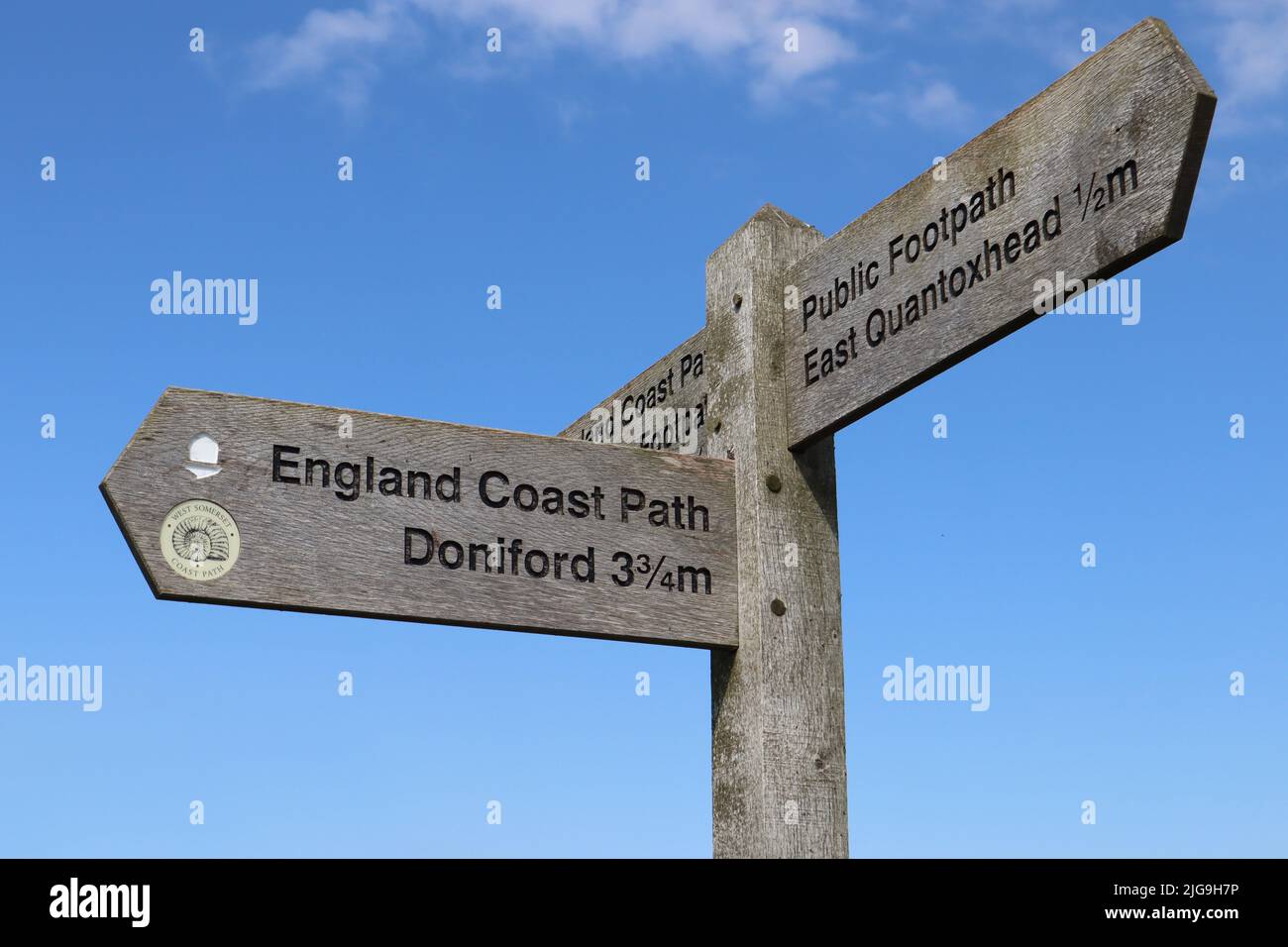 A sign on the England coastal path pointing the direction of Donniford ...