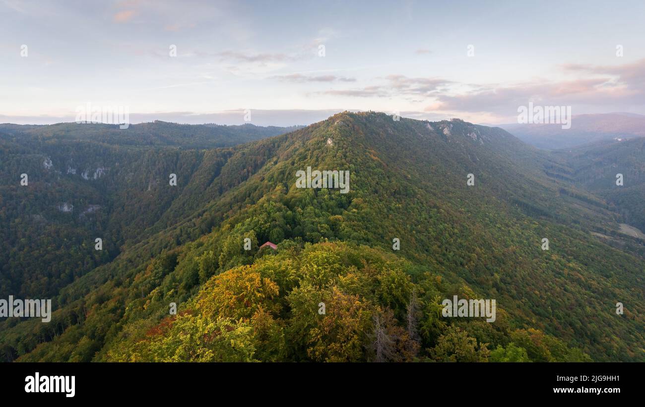Mountain ridge in dense forest catching last light of the day during ...