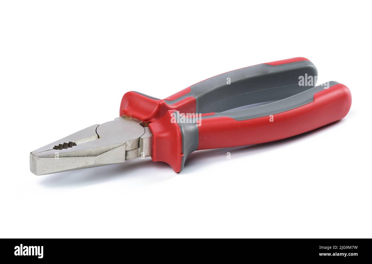 Metal pliers with plastic handle isolated on white background Stock ...