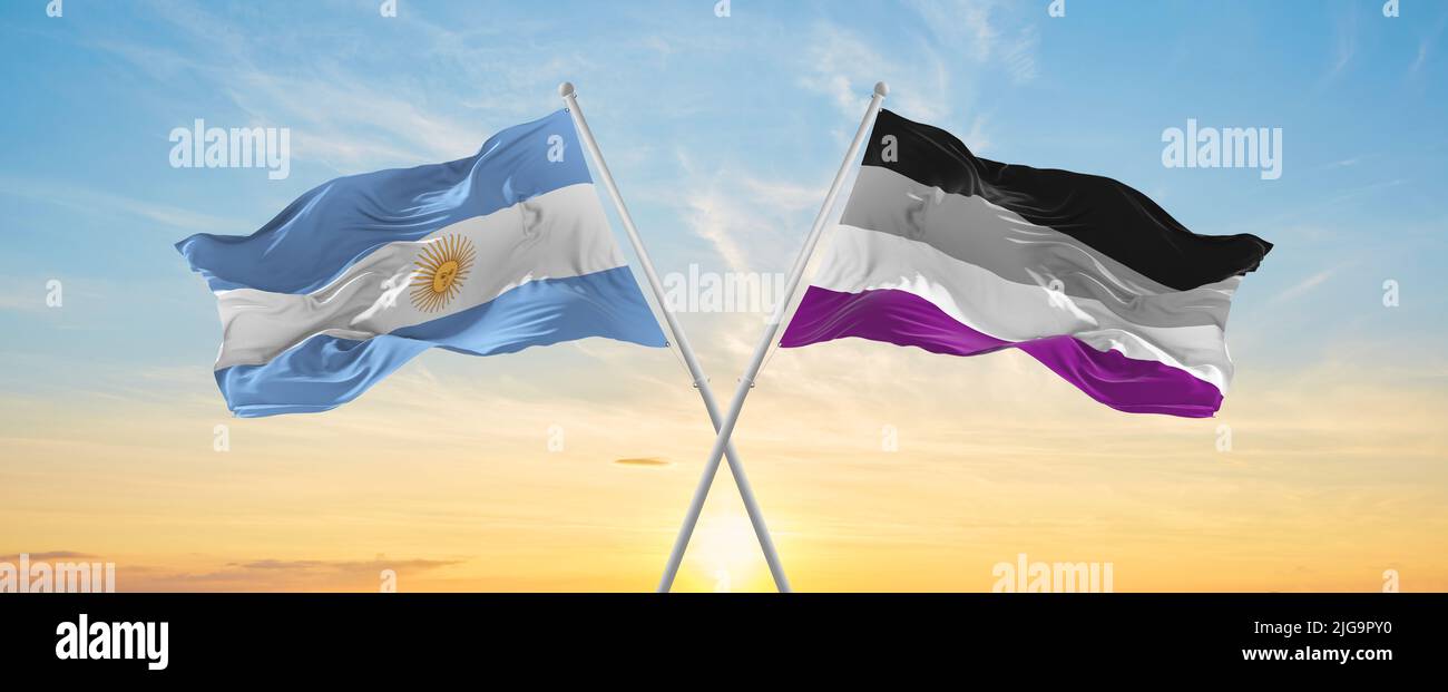 crossed national flags of Argentine and asexuality Pride flag waving in ...