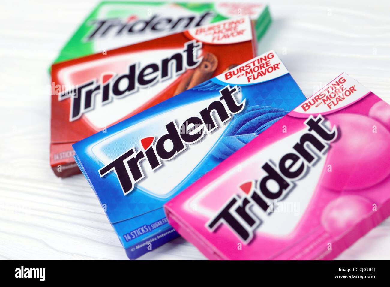 KHARKIV, UKRAINE - MARCH 15, 2021: Packs of Trident chewing gums ...