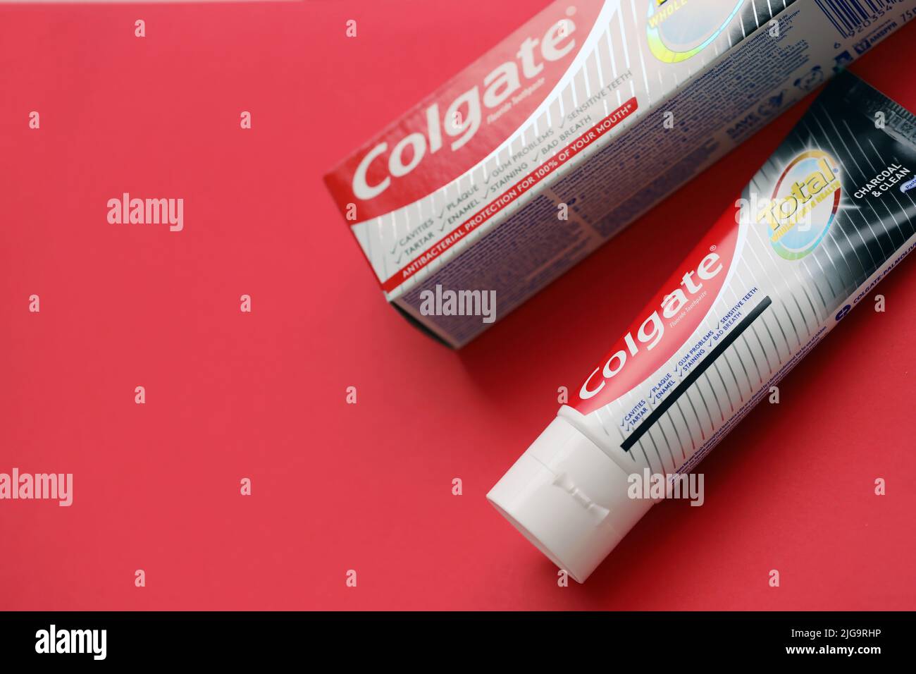 TERNOPIL, UKRAINE - JUNE 23, 2022: Colgate toothpaste, a brand of oral ...