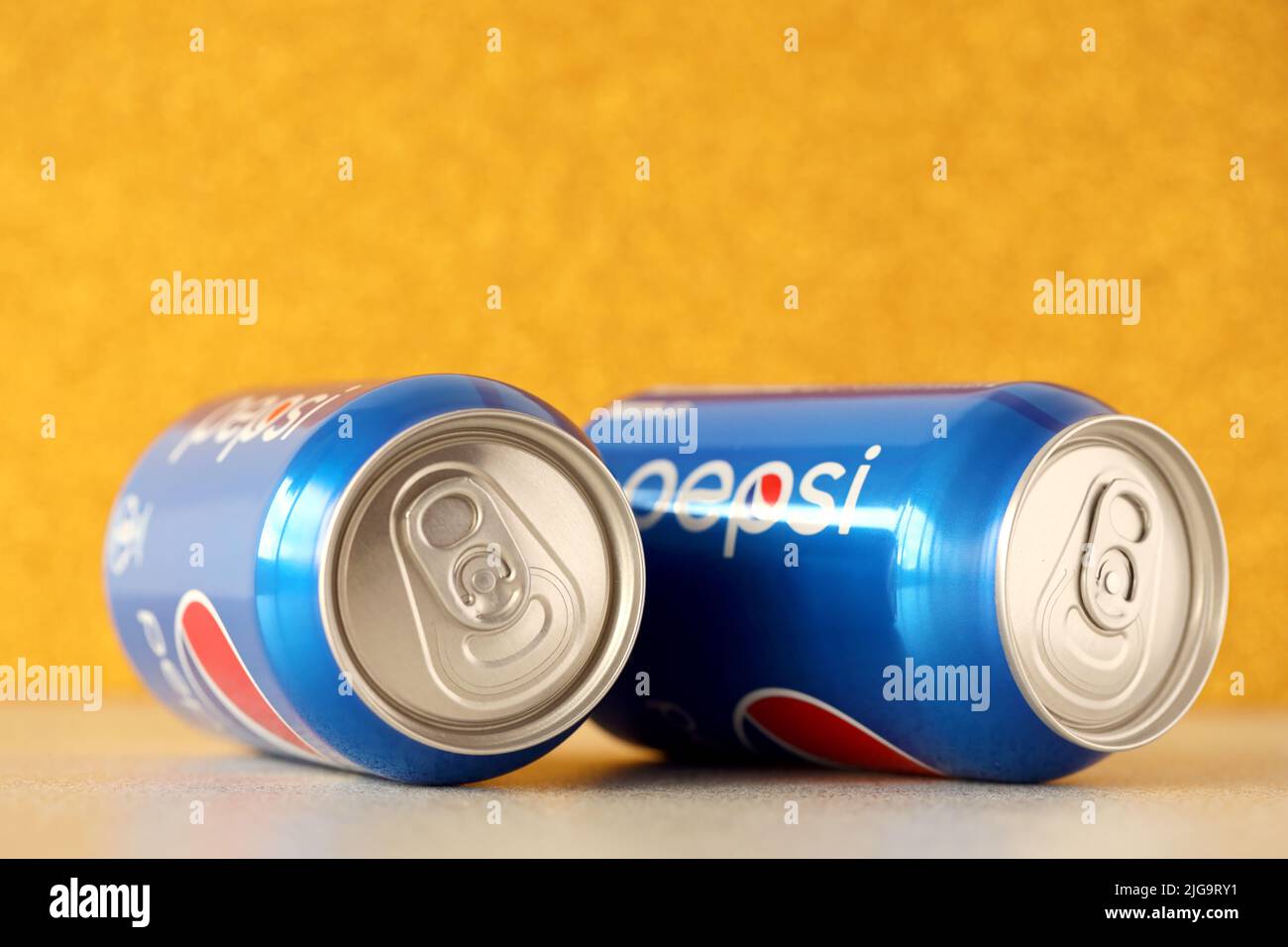 TERNOPIL, UKRAINE - MAY 28, 2022: Cold Pepsi drink cans. Pepsi is a ...