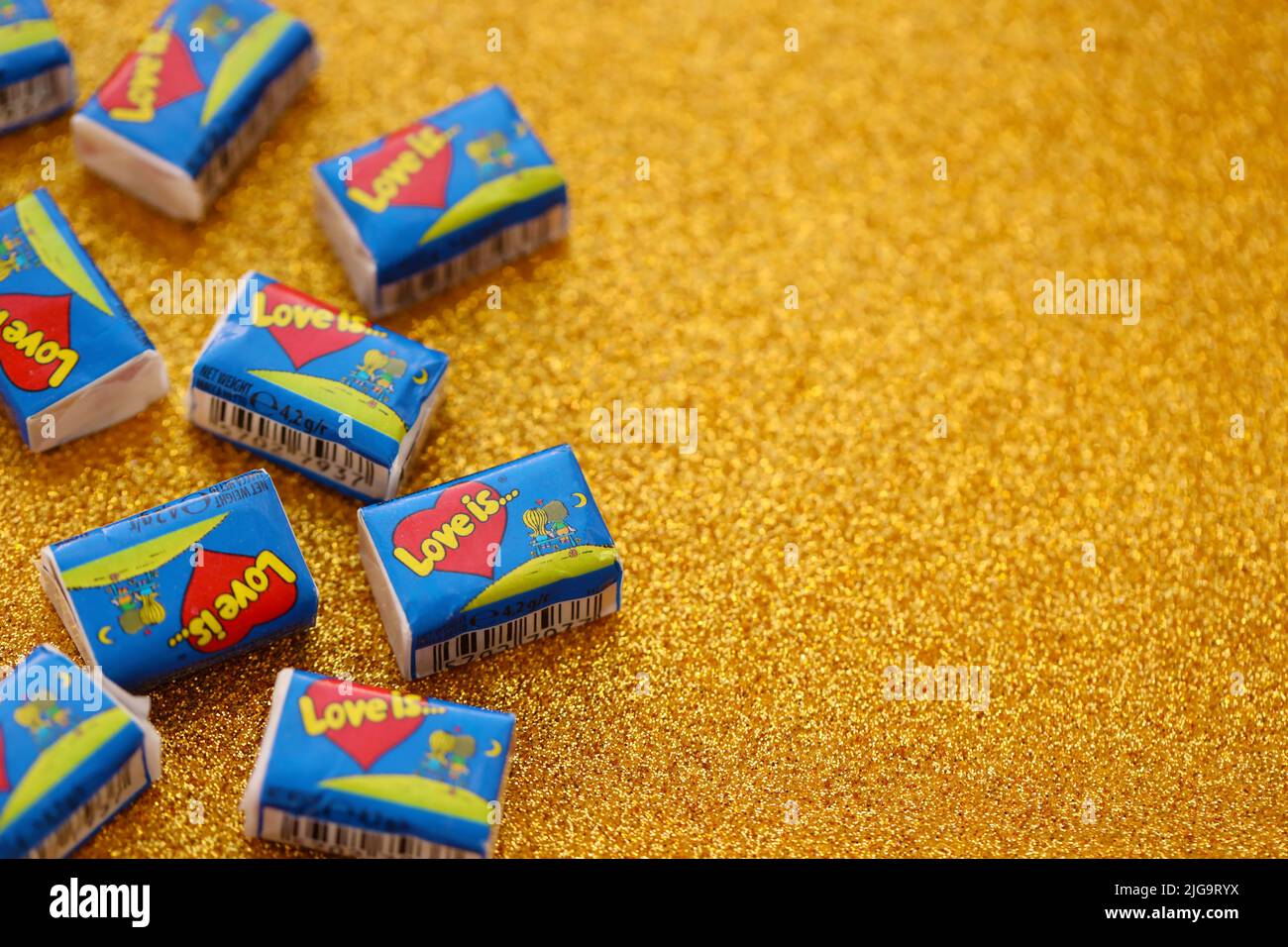 TERNOPIL, UKRAINE - JUNE 23, 2022: Love is - turkish bubble gums from ...
