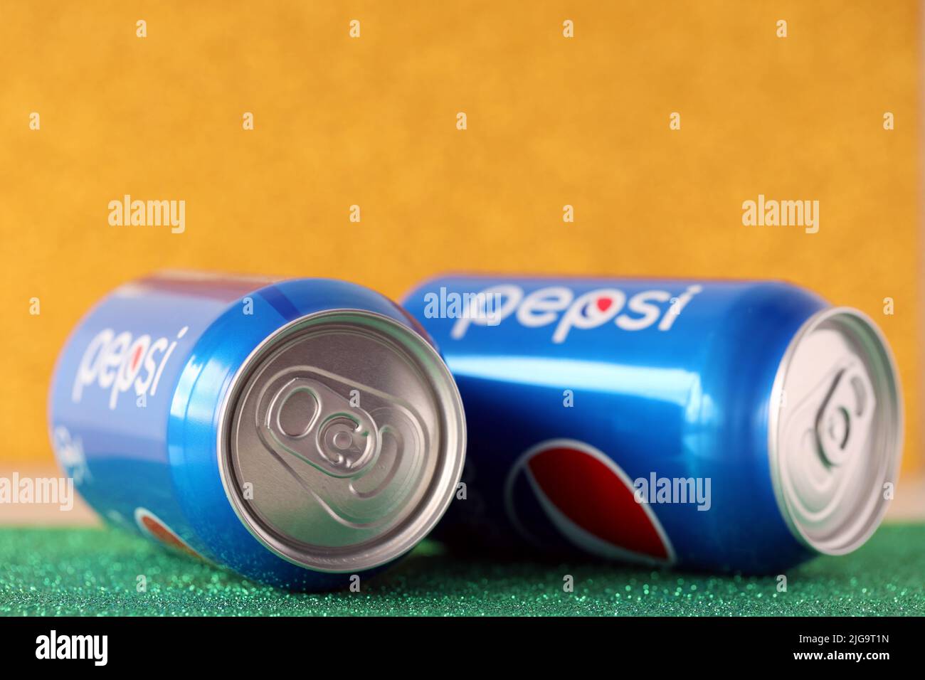 TERNOPIL, UKRAINE - MAY 28, 2022: Cold Pepsi drink cans. Pepsi is a ...