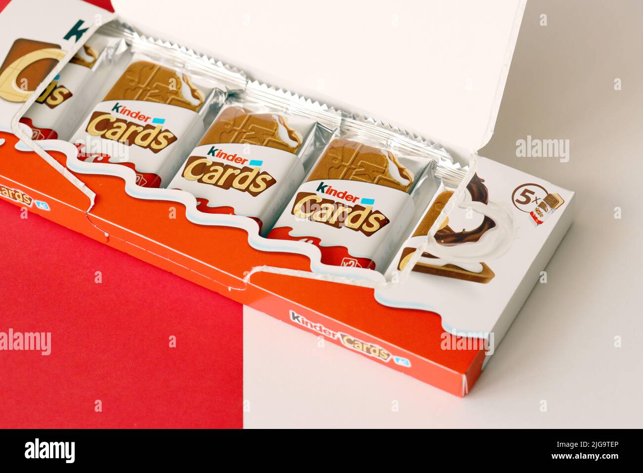 TERNOPIL, UKRAINE - JUNY 3, 2022: Kinder Chocolate Cards product pack ...