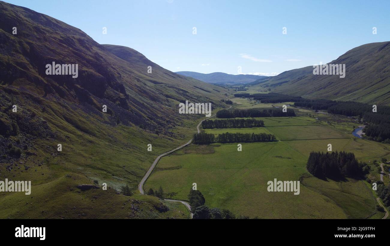 Aerial view of Glen Clova in the Cairngorms National Park of Angus ...