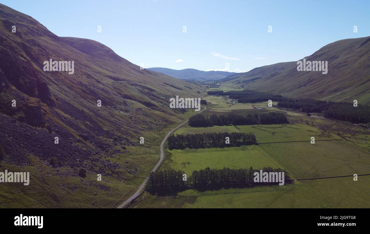 Aerial view of Glen Clova in the Cairngorms National Park of Angus ...